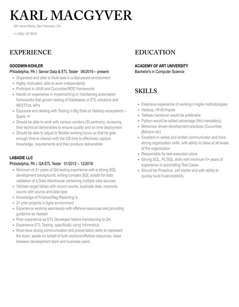 Etl Tester Resume Samples Velvet Jobs
