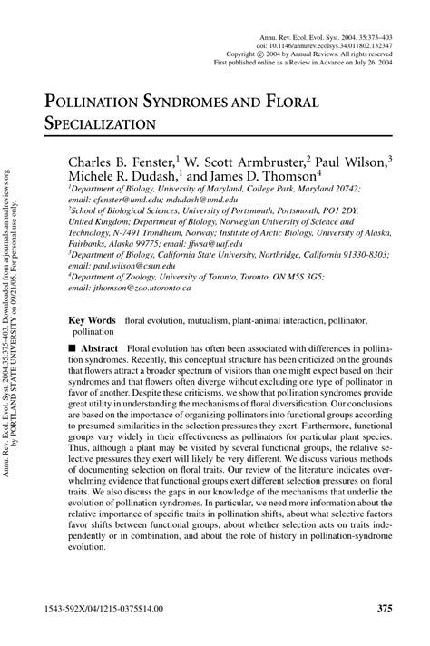 Pdf Pollination Syndromes And Floral Specialization