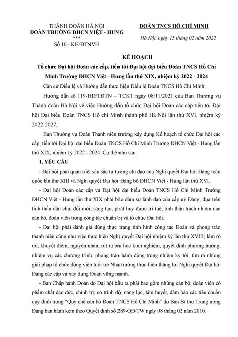Kế hoạch tổ chức đại hội none THÀNH ĐOÀN HÀ NỘI ĐOÀN TRƯỜNG ĐHCN VIÊ T HUNG Số KH