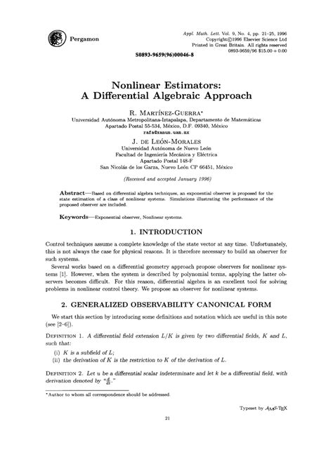 Pdf Nonlinear Estimatorsa Differential Algebraic Approach