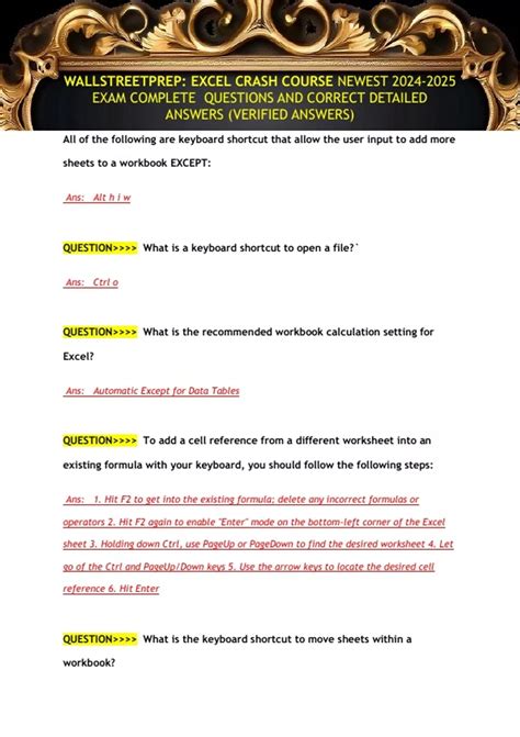 wallstreetprep excel crash course newest exam complete questions and