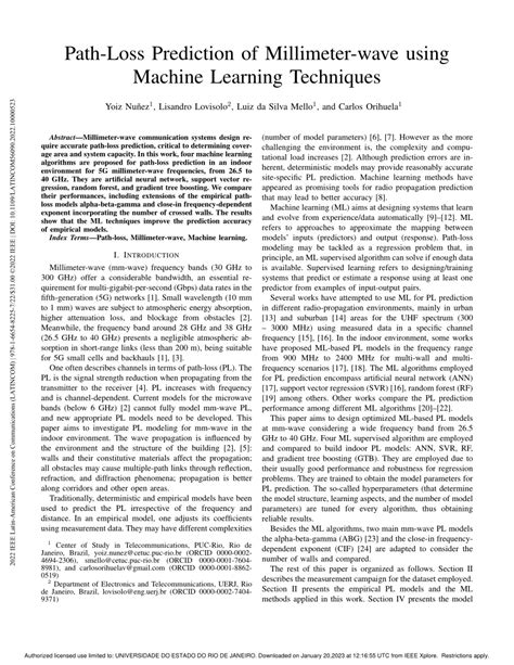 Pdf Path Loss Prediction Of Millimeter Wave Using Machine Learning Techniques