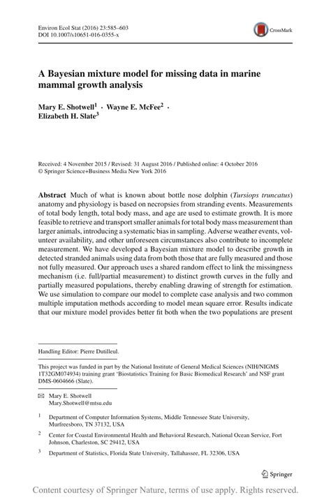 A Bayesian Mixture Model For Missing Data In Marine Mammal Growth