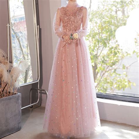 Pink Prom Dress Long Long Sleeve Dress Butterfly Sequins Etsy