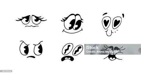 귀여운 얼굴 그리기 낙서 캐릭터 복고풍입니다 흑인과 백인 애니메이션 얼굴입니다 표정 성격 페이스 스티커 낙서 손으로 그렸습니다 벡터 일러스트 레이 션입니다 감정에 대한 스톡
