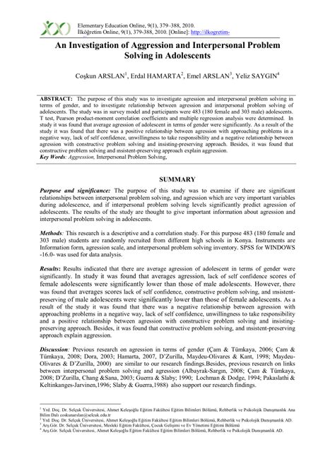 Pdf An Investigation Of Aggression And Interpersonal Problem Solving In Adolescents