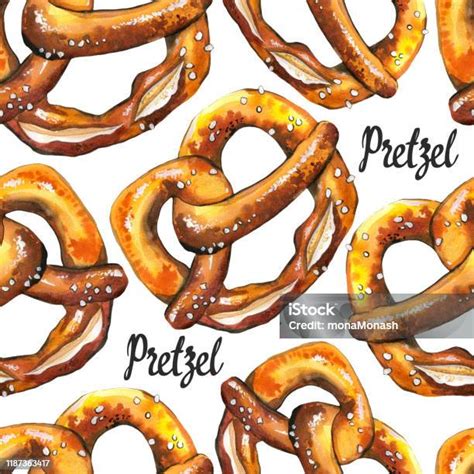 수채화 스타일의 프레첼과 원활한 배경 신선한 유기농 제품 일러스트 는 화이트에 손으로 그린 패턴입니다 옥토버 페스트 음식 전통