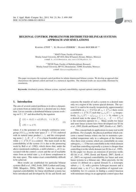 Pdf Regional Control Problem For Distributed Bilinear Systems