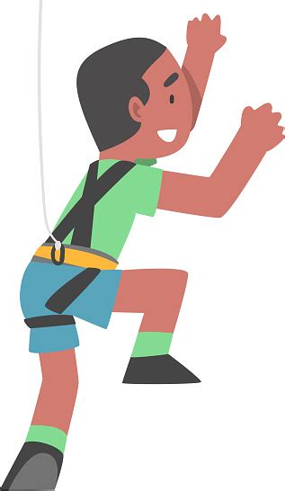 웃는 소년 등반 벽 익스트림 스포츠를 연습 하는 아이 등반 캐릭터 모험 공원 만화 스타일 벡터 일러스트에 재미 경관에 대한 스톡