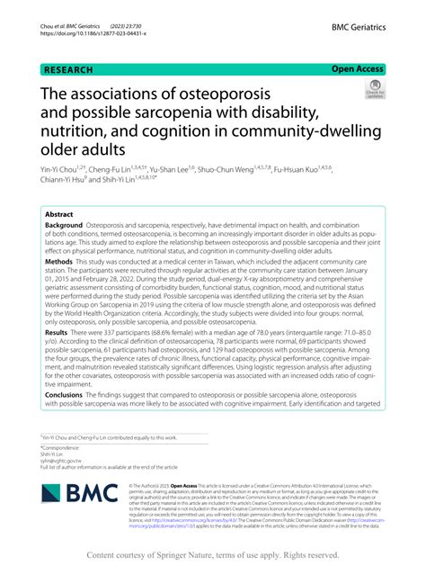 Pdf The Associations Of Osteoporosis And Possible Sarcopenia With Disability Nutrition And