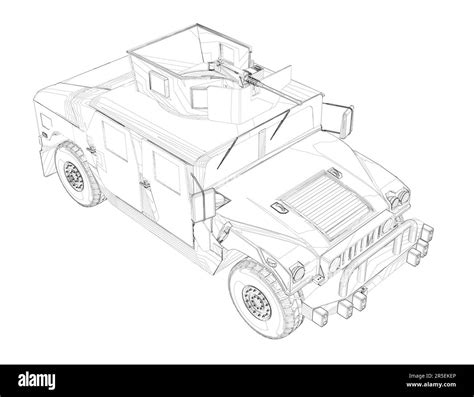 Outline Of A Combat Jeep With Weapons From Black Lines Isolated On A White Background Isometric