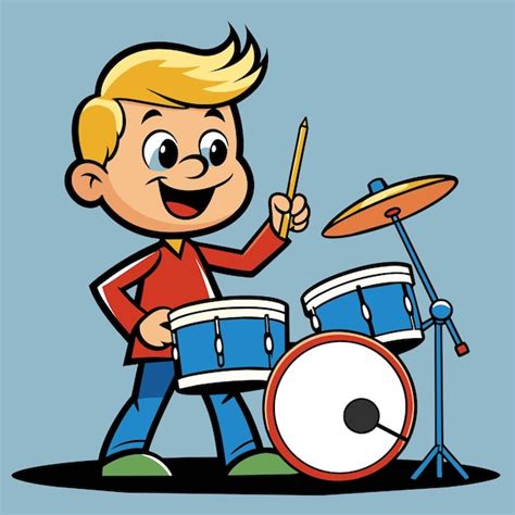 파란색 배경으로 드럼을 연주하는 소년 프리미엄 벡터
