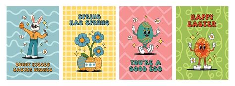 부활절 카드 또는 히피 그루비 복고풍 스타일의 포스터 컬렉션 부활절 복고풍 캐릭터의 봄 엽서 세트입니다 시원한 부활절 토끼 토끼 꽃 와 포스터 카드에 대한 재미있는 달걀