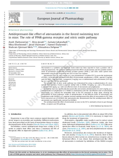 Pdf Antidepressant Like Effect Of Atorvastatin In The Forced Swimming Test In Mice The Role