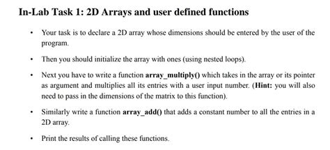 Solved In Lab Task 1 2d Arrays And User Defined Functions