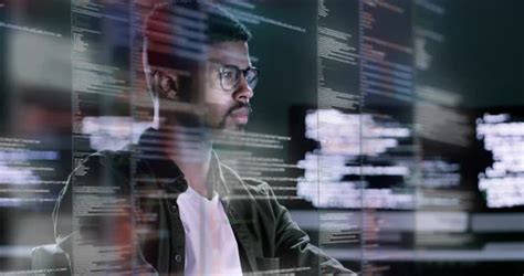 Man Programming And Coding At Night On Computer Dashboard For Software Business Corporate