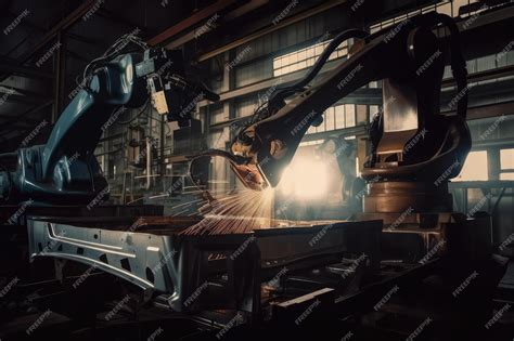 Premium Ai Image Metal Robotic Arm Welding Seams On Metal Car Frame Created With Generative Ai
