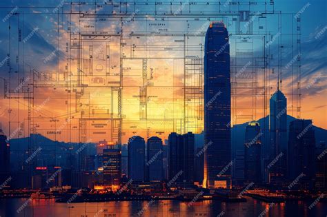 Cityscape With Architectural Blueprint Overlay Premium Ai Generated Image