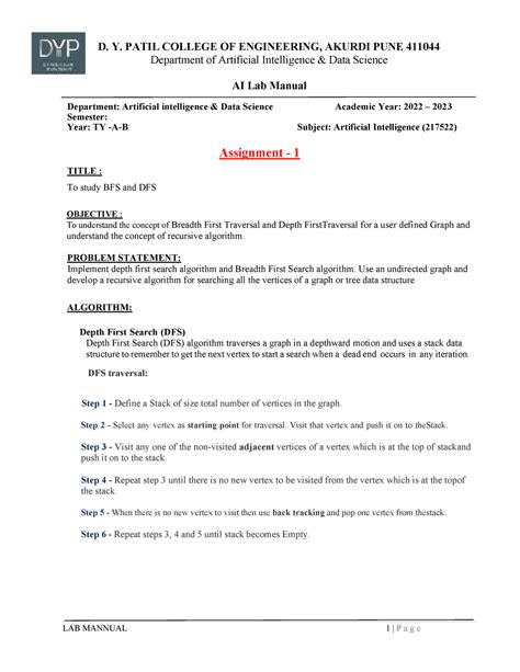 Lab Mannual Practical Writeup Ai Lab Department Of Artificial