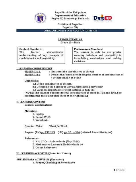 Lesson Examplar In Math G10 Finallly Pdf Curriculum Learning