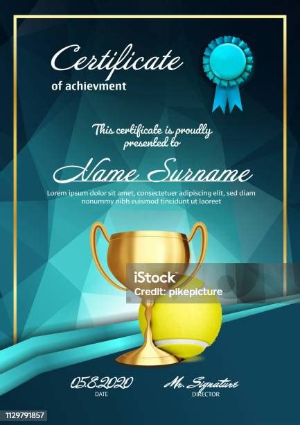 골든 컵 벡터와 테니스 인증서 디플로마입니다 스포츠 졸업입니다 우아한 문서입니다 고급 종이입니다 A4의 수직 우승 그림 증명서에 대한 스톡 벡터 아트 및 기타 이미지