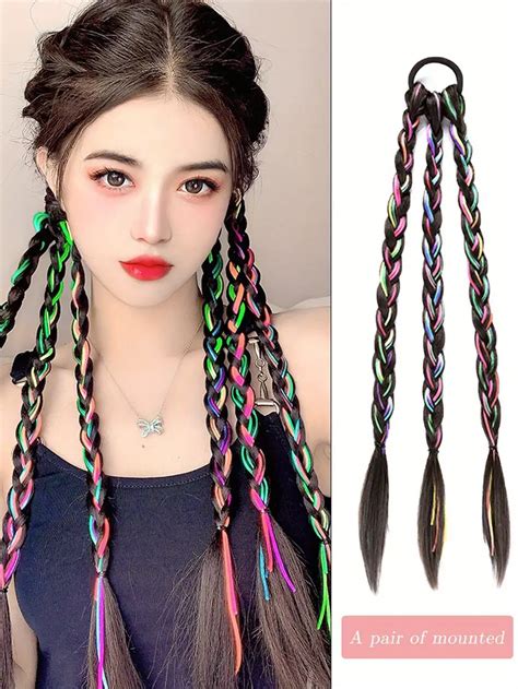 20 인치 박스 브레이드 포니테일 익스텐션 고무 밴드 중간 긴 합성 머리 익스텐션 Y2k 브레이딩 Temu