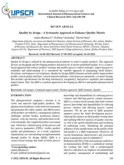 Quality By Design A Systematic Approach To Enhance Quality Matrix