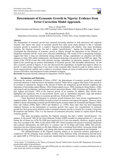 Pdf Determinants Of Economic Growth In Nigeria Evidence From Error Correction Model Approach