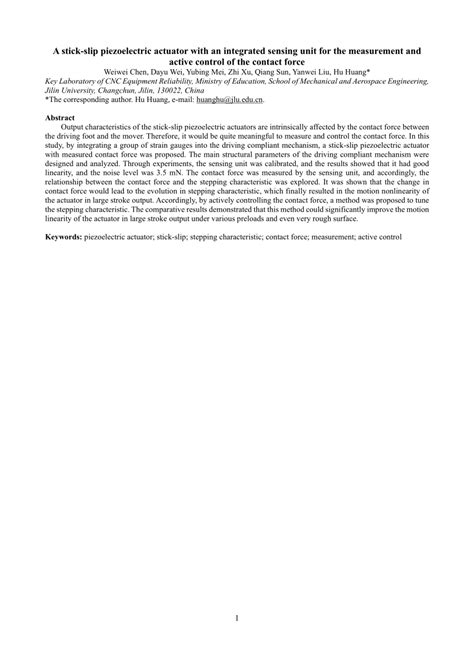Pdf A Stick Slip Piezoelectric Actuator With An Integrated Sensing Unit For The Measurement