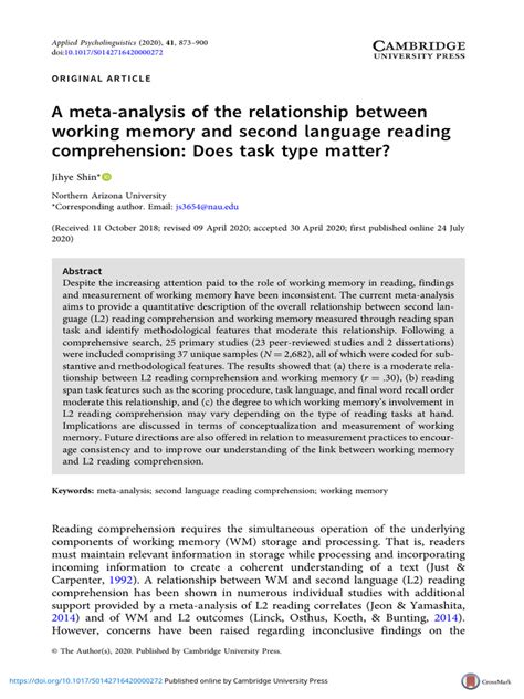 A Meta Analysis Of The Relationship Between Working Memory And Second Language Reading