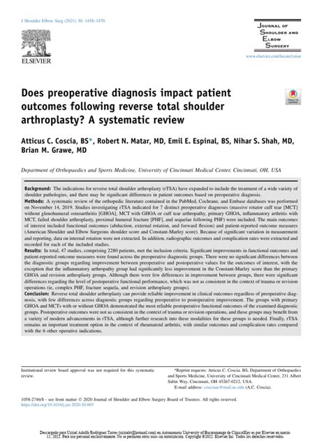 Does Preoperative Diagnosis Impact Patient Outcomes Following Reverse