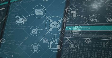 Screen Shows Data Encryption And Network Security Icons Connected By Lines Stock Illustration