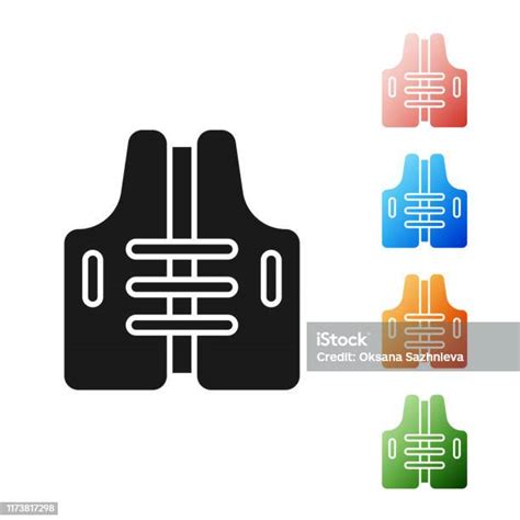흰색 배경에 격리 된 검은 색 구명 조끼 아이콘입니다 구명 조끼 아이콘입니다 익스트림 스포츠 스포츠 장비 다채로운 아이콘을 설정합니다 벡터 일러스트레이션 Sos에 대한 스톡