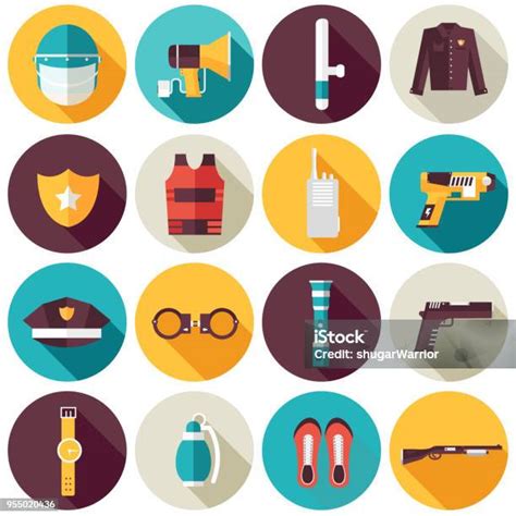 격리 된 배경에 경찰 유니폼 및 설정 보호 아이콘 평면 스타일 밝은 개념 벡터 일러스트 레이 션 디자인에 대 한 다채로운 서식 파일 경찰관에 대한 스톡 벡터 아트 및 기타