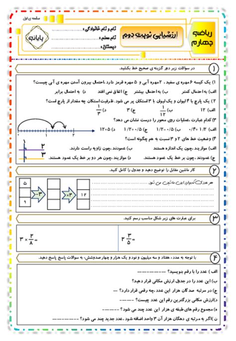 آزمون نوبت دوم ریاضی چهارم دبستان نور دانش اردیبهشت 1402 گاما
