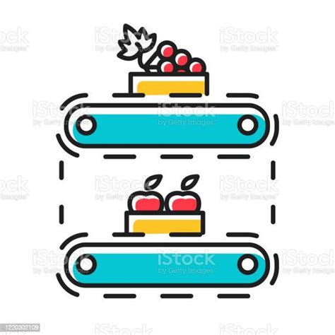 과일 생산 색상 아이콘입니다 컨베이어 벨트에 상자에 사과와 포도 유기농 식품 공급 보관 재고 단말기 전문 자동화 공장 장비 격리 벡터 일러스트레이션 개념에 대한 스톡 벡터