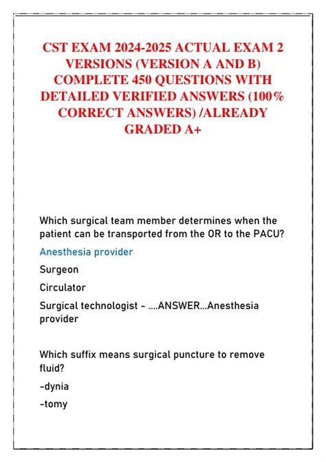 CST EXAM ACTUAL EXAM VERSIONS VERSION A AND B COMPLETE QUESTIONS WITH DETAILED VERIFIED