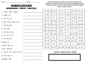 Factoring Polynomials Using Mixed Methods Gridword Activity By Thinkingnumbers