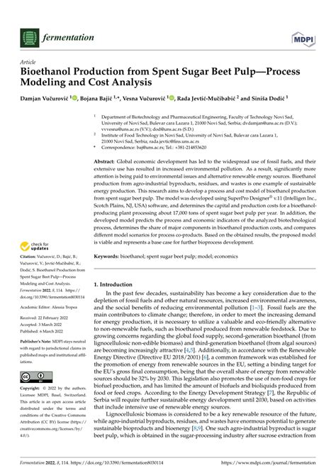 Pdf Bioethanol Production From Spent Sugar Beet Pulp—process Modeling And Cost Analysis
