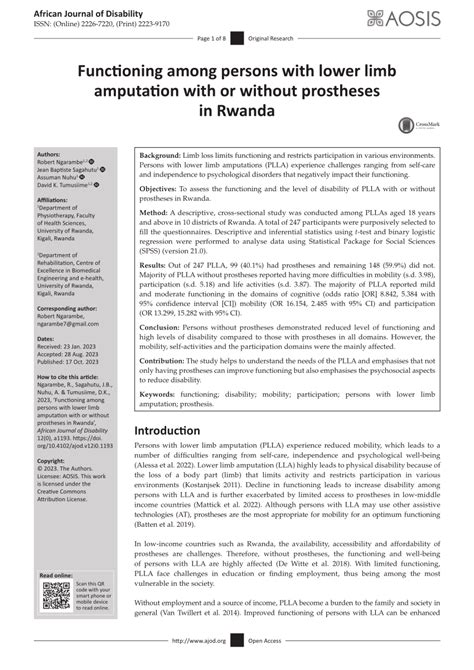 Pdf Functioning Among Persons With Lower Limb Amputation With Or Without Prostheses In Rwanda