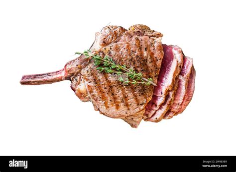 Grilled Tomahawk Rib Eye Steak On Grill With Herbs Isolated On White