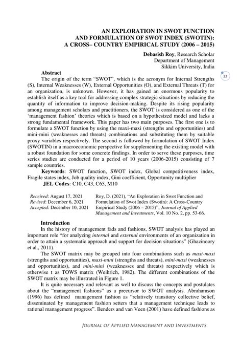 Pdf An Exploration In Swot Function And Formulation Of Swot Index Swotin A Cross Country