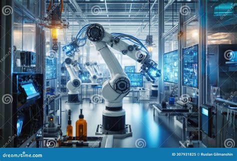 Robot Arms On Fully Automated Assembly Line Inside Modern Electronics Factory Stock Image