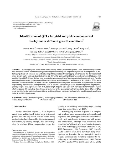 Pdf Identification Of Qtls For Yield And Yield Components Of Barley