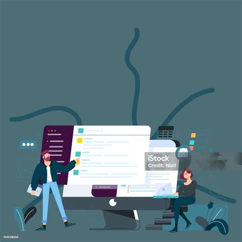 데스크톱 컴퓨터를 사용하여 서로 작업을 수행하는 데 도움이되는 커플 드로잉 남자는 테이블이있는 큰 모니터 화면을 가리키며 레이디가 작업을 끝내도록 도와줍니다 개념에 대한