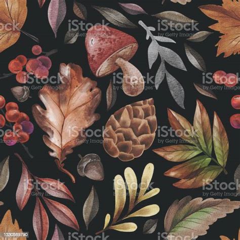 손 그리기 수채화 원활한 패턴 단풍 열매 버섯 검은 배경에 고립 된 원뿔 포스터 인쇄 카드 전단지 템플릿 직물 직물 디자인에 사용 0명에 대한 스톡 벡터 아트 및 기타