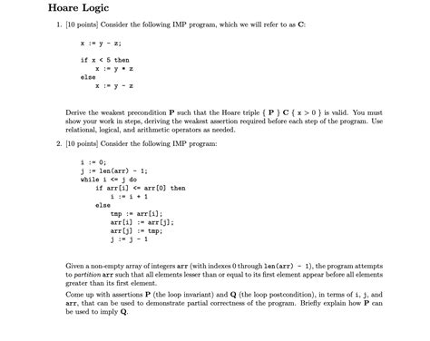 solved hoare logic 1 [10 points] consider the following imp