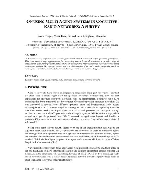 Pdf On Using Multi Agent Systems In Cognitive Radio Networks A Survey