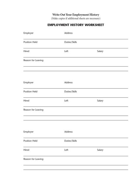 Employment History Template Word