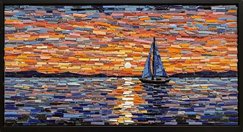 Mosaic Of A Sailboat In The Sea With The Sun In The Background Generative Ai Stock Illustration